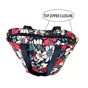 Konish Reusable Foldable Grocery Bags Folding Shopping Tote with Zipper(Blue Floral)