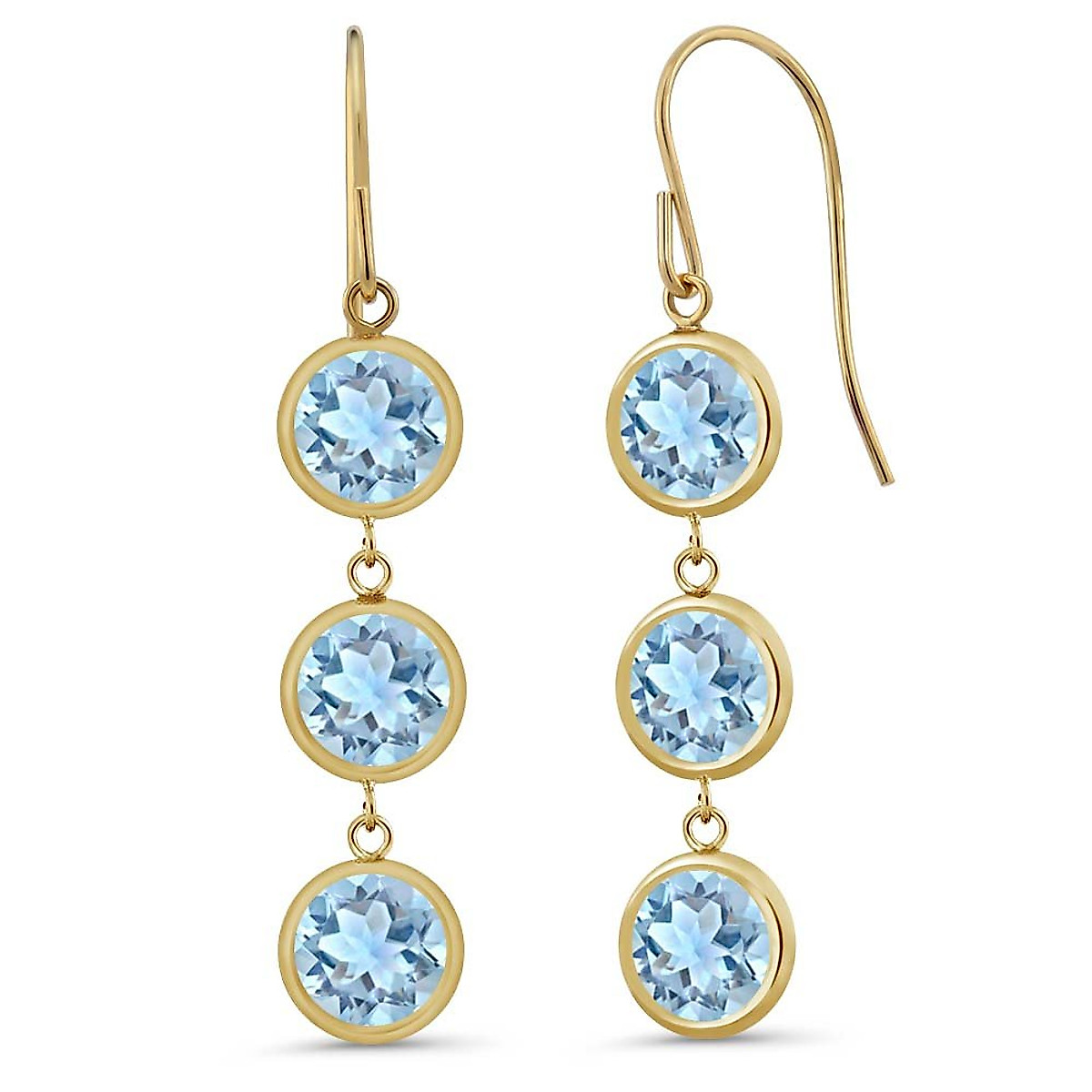 Gem Stone King 14K Yellow Gold Sky Blue Aquamarine Dangle Long 3-Stone Earrings For Women (2.40 Cttw, Gemstone Birthstone, Round 5MM, 1 Inch)