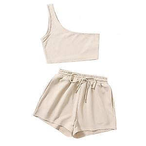 Verdusa Women's One Shoulder Tank Top and Lounge Shorts 2 Piece Tracksuit Set Khaki XL