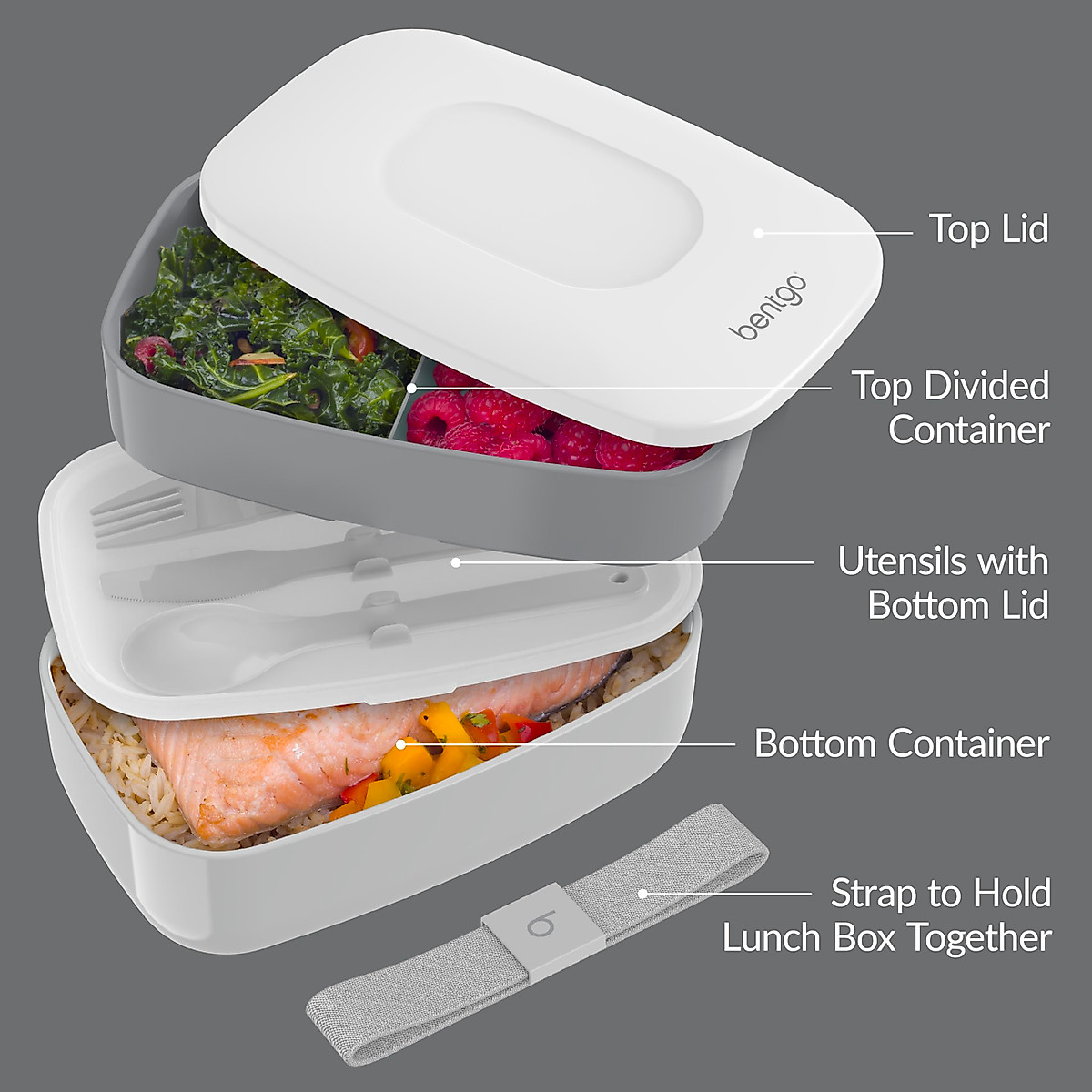 Bentgo Classic - All-in-One Stackable Bento Lunch Box Container - Modern Bento-Style Design Includes 2 Stackable Containers, Built-in Plastic Utensil Set, and Nylon Sealing Strap (Gray)