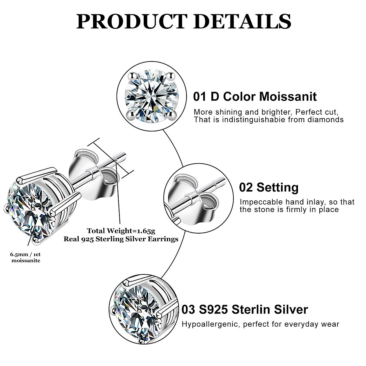 Tunzug Moissanite Stud Earrings DF Color Brilliant Round Cut Lab-Made Moissanite Earrings 18K Gold Plated 925 Sterling Silver Friction Base Stud Earrings for Men Women