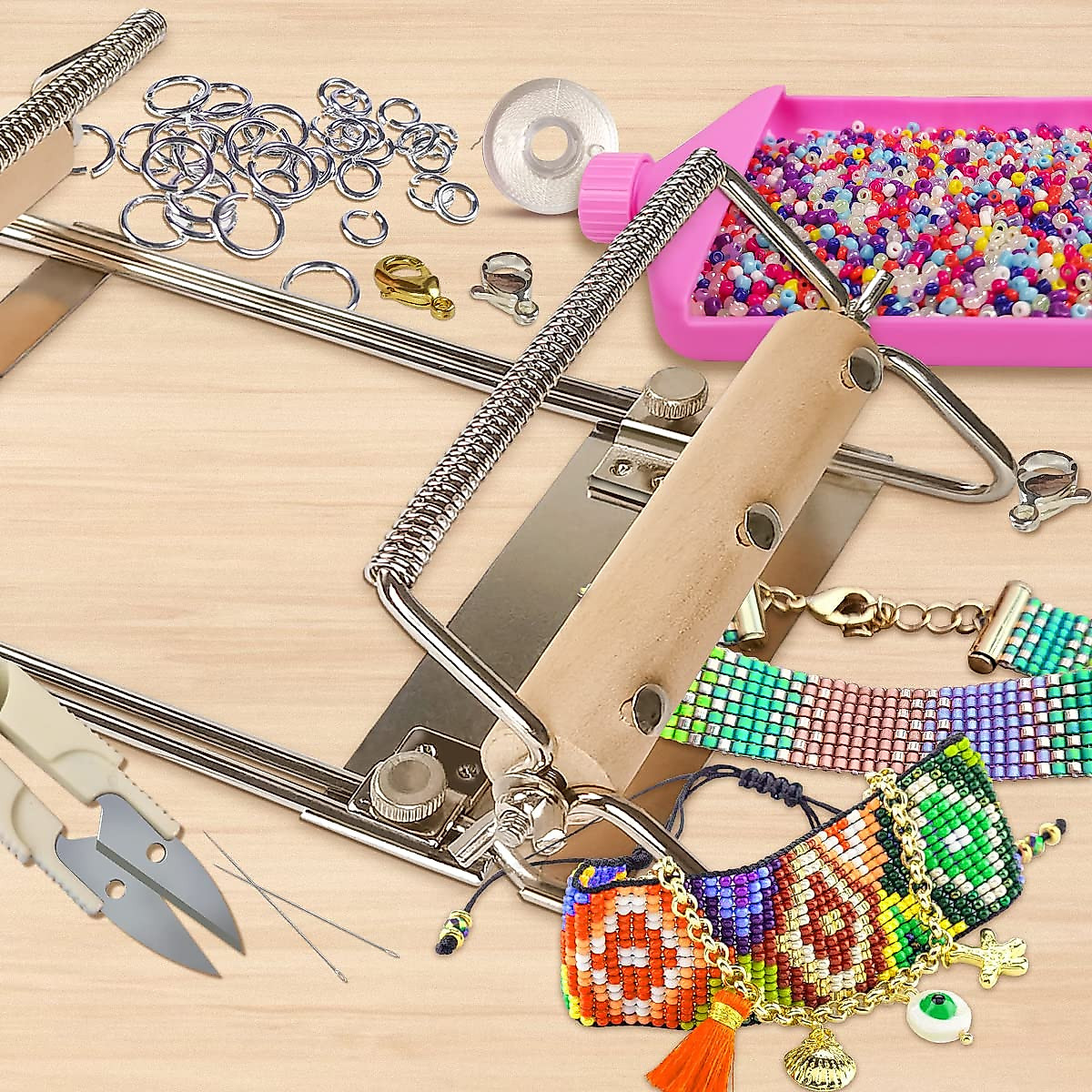 hobbyworker The Second Generation Adjustable Bead Loom Kit with Seed Beads,Large Eye Curved Beading Needle,Bead Funnel Tray,Lobster Clasp,Open Ring and Bead Mat for Jewelry Making kit