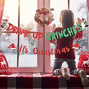 Red&Green Glitter Drink Up Grinches & It's Christmas Banner, Grinch Christmas Decorations, Christmas July Party Decorations Drink Up Grinches Sign Decorations Xmas Mantel Fireplace Home Indoor Outdoor Grinch Party Decorations Supplies