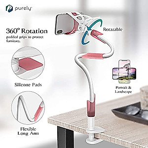 Purely Gooseneck Phone Holder | Flexible Arm Cell Phone Stand for Desk, Night Stand, Headboard - Clamp Mount Clip Bracket, 360-Degree Rotation, Aluminium Alloy - 33-Inch (1-Pack, Rose)