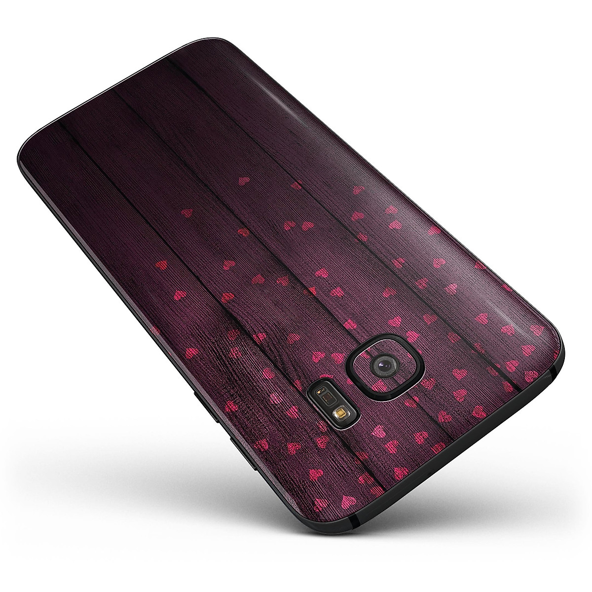 Design Skinz Design Skinz Falling Micro Hearts Over Burgundy Planks of Wood Full-Body Wrap Decal Skin-Kit for The Galaxy S7 Edge