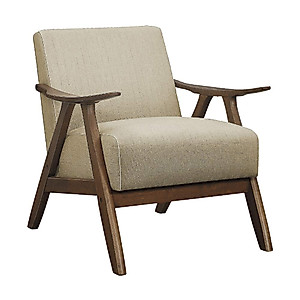 Lexicon Mid Century Modern Accent Chair with Solid Wood Frame in Walnut Finish, Upholstered Living Room Lounge Arm Chair, Thick and Comfy Innerspring Seat Cushion, Linen-Look Fabric, Light Brown