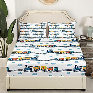 Erosebridal Kids Train Bed Sheets for Boys Girls Cartoon Car Twin Size Sheet Sets Steam Engine Sheets Railway Vehicles Sheet & Pillowcase Sets Transportation Truck Fitted Sheet with 1 Pillow Sham