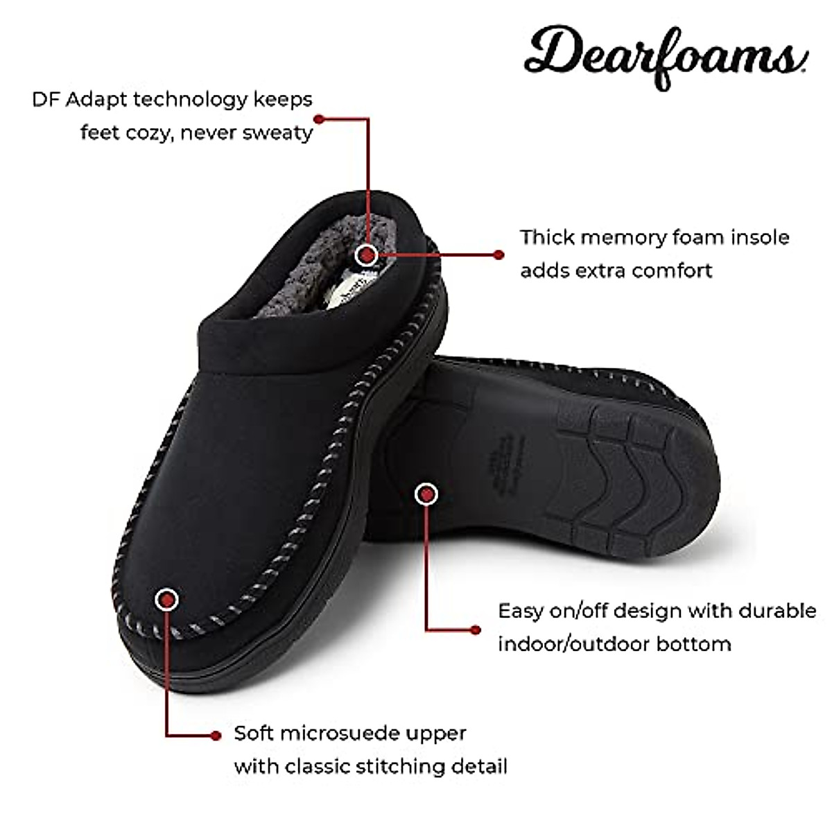 Dearfoams Men's Thompson Cozy Memory Foam Indoor Outdoor Clog House Slipper, Black, Large