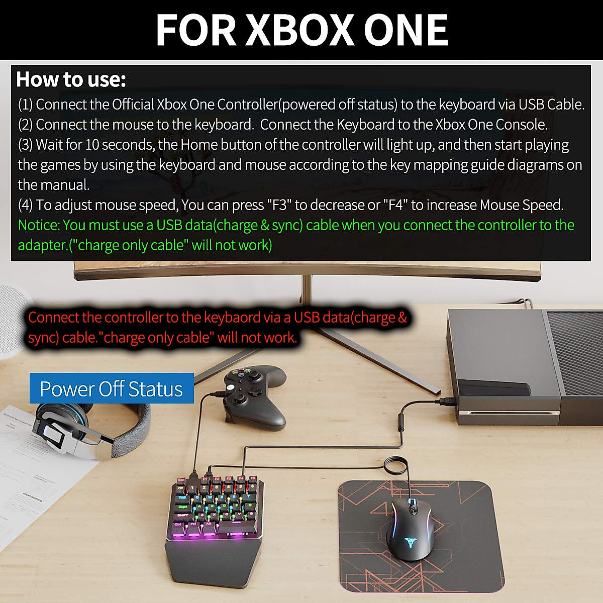 IFYOO KMAX1 Pro Wired Gaming Keyboard and Mouse Set Adapter Converter for Xbox One / PS4 / Switch / PS3 / PC(Windows/Linux) - [Included USB Sync Cable for Controller]