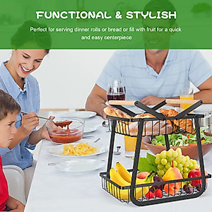 TBMax 2 Tier Fruit Basket for Kitchen Countertop Metal Wire Fruit Bowl with Wooden Handle for Produce Storage Rack, Snack Organizer, Bread Baskets, Vegetable Stand -Black