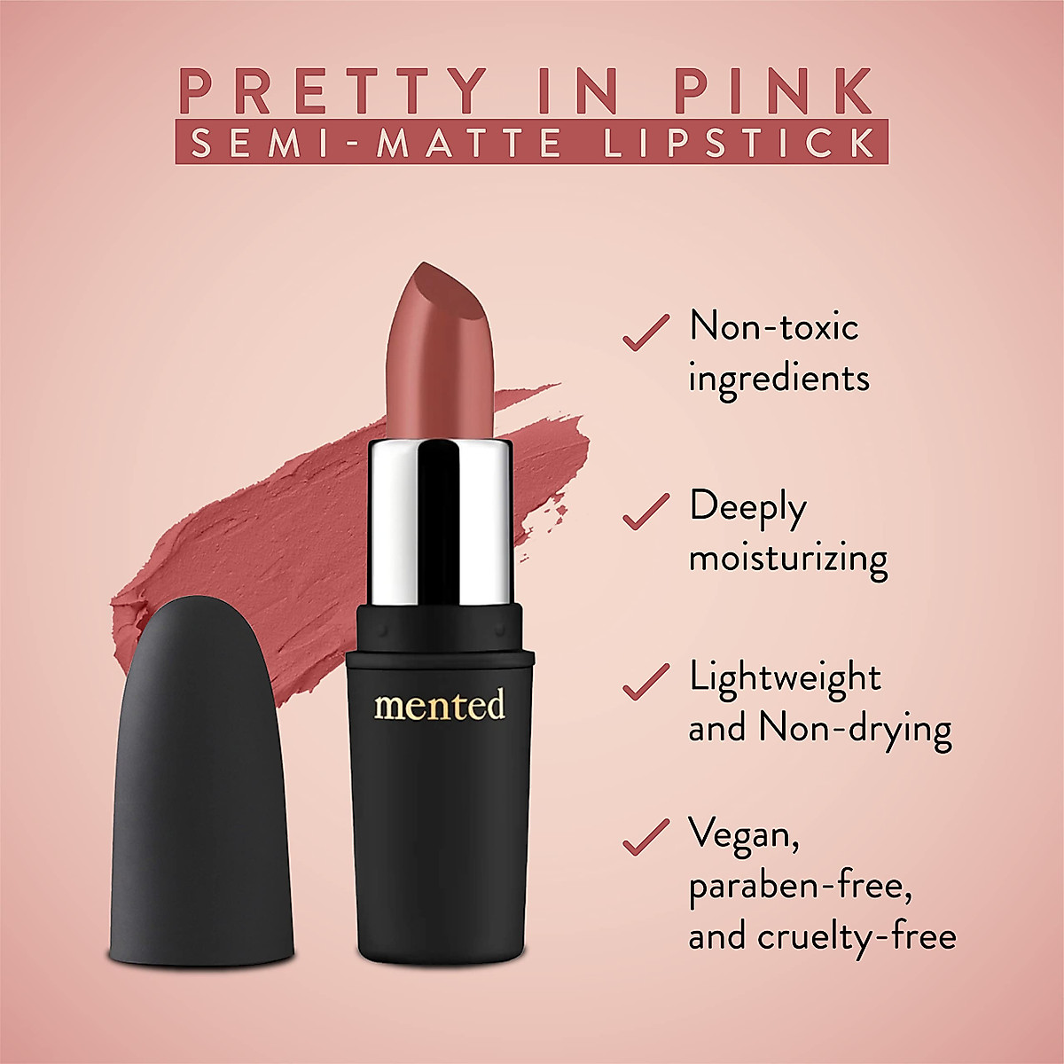 Mented Cosmetics Nude Lipstick for Women, Semi-Matte Long-Lasting Lip Stick, Moisturizing Vegan, Paraben & Cruelty-Free, Enhances All Complexions, Perfect for Everyday Makeup, Pretty in Pink