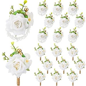 Sherr 20 Pcs Rose Wrist Corsage and Boutonnier Set Flower Wrist Corsage Wristlet Band Bracelet Wedding Bridegroom Men's Boutonniere Wristlet Hand Flower for Wedding Bouquets Supplies (White)