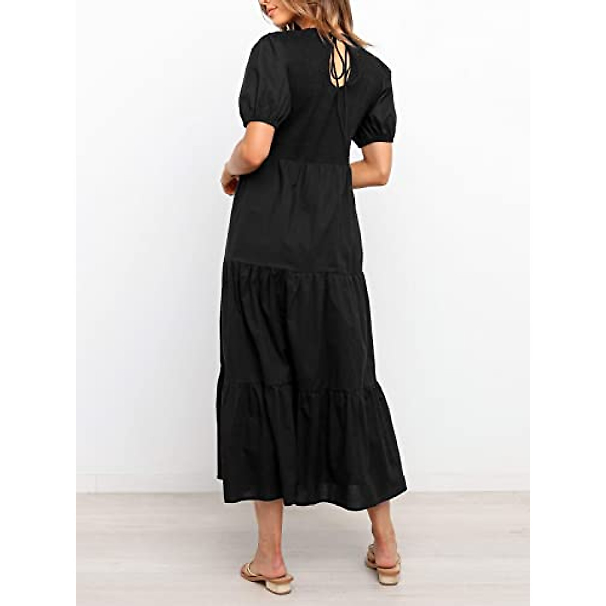 ZESICA Women's 2023 Casual Summer Crew Neck Short Puff Sleeve Smocked High Waist Ruffle Tiered A Line Midi Dress,Black,Medium