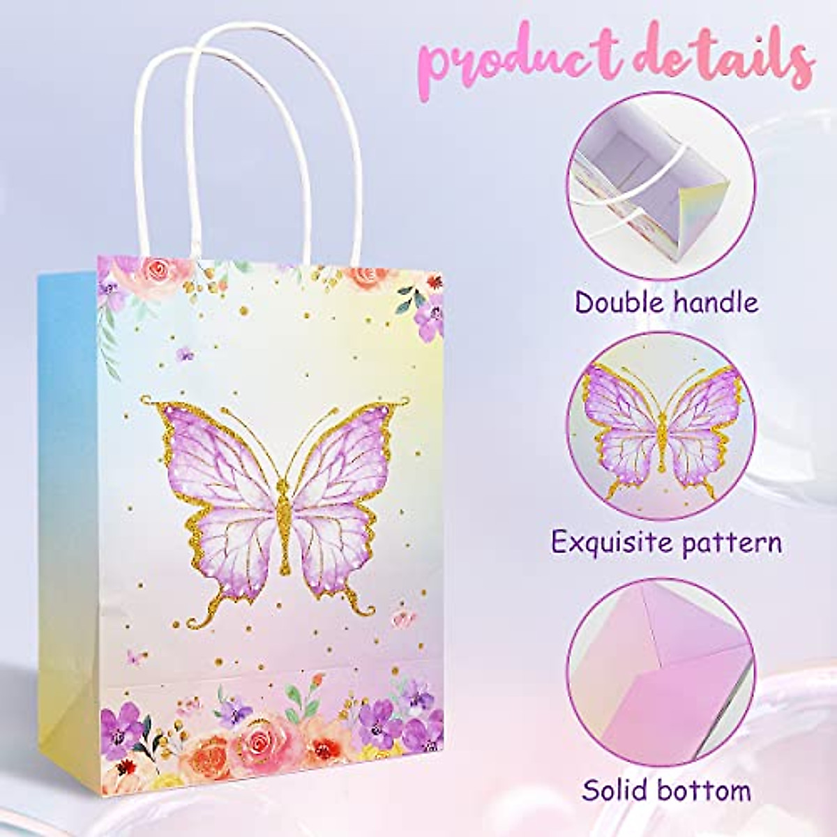 16 PCS Butterfly Party Gift Bag Favors Bags with Tissue Paper Goodie Paper Bags Pink and Purple Flowers Candy Paper Bags with Handles for Kids Girl Birthday Party Decor Baby Shower(8.2" x 5.9" x 3.1")