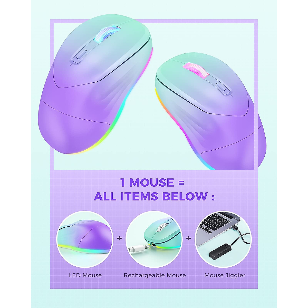 Wireless Mouse, Jiggler Mouse for Laptop - LED Mouse Rechargeable Computer Mice Mouse Mover Undetectable Random Movement with On/Off Button Keeps Computer Awake - Gradient Purple
