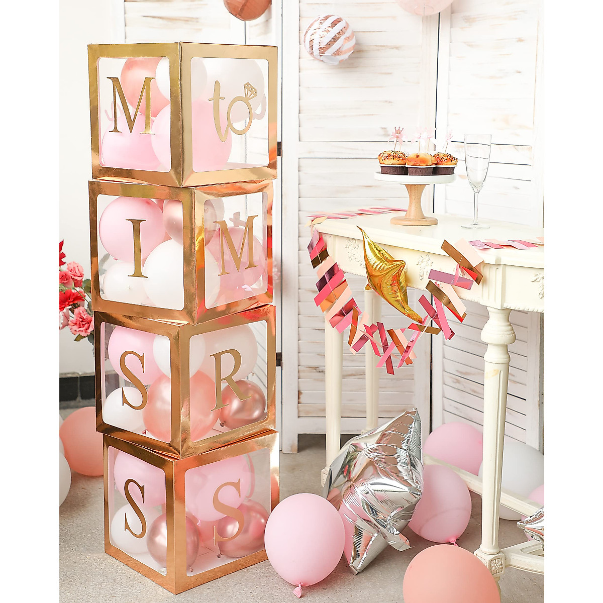 Fonder Mols 4pcs Rose Gold Transparent Balloon Boxes with MISS TO MRS Letters for Wedding Bridal Shower Engagement Cake Smash Backdrop(No Balloons)