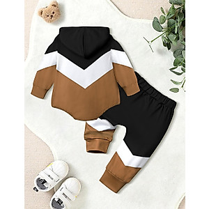 AGAPENG Baby Boy Clothes 3-6 Months Color Block Hoodie Sweatsuit Oversized Sweatshirt Onesie Romper Long Pants Fall Baby Boy Clothes Baby Boy Winter Clothes Thanksgiving Outfit Brown