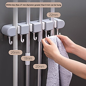 Broom and Mop Holder Wall Mount, 5 Hooks and 4 Slot, Adhesive Garden Tool Rack Organizer for Closet Garage Laundry Room, Anti-Slip Hanger for Brooms, Mops, Rakes, Dustpans, 13 x 2.2 x 1.8 inches