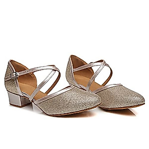 SWDZM Women's Latin Dance Shoes Cross Strap Ballroom Tango Character Performance Practice Dancing Shoes,L481 Champagne 1 1/2'' Heel,8.5 M US
