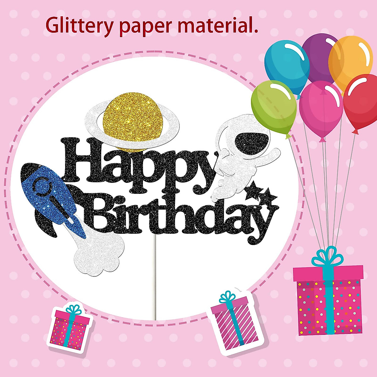 Ambishi Happy Birthday Cake Topper - Space Themed Birthday Party Decoration Supplies - Astronaut, Rocket, Planet Sign Cake Decor for Kids Boys Girls Birthday Party