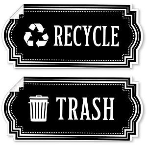 Recycle and Trash Stickers for Trash Cans - Black Premium Vinyl Recycling Bin Labels – 4 Pack - 4.75" by 2.25" Decals Logo - Waste Signs for Home Kitchen or Office Bins Indoor/Outdoor Use