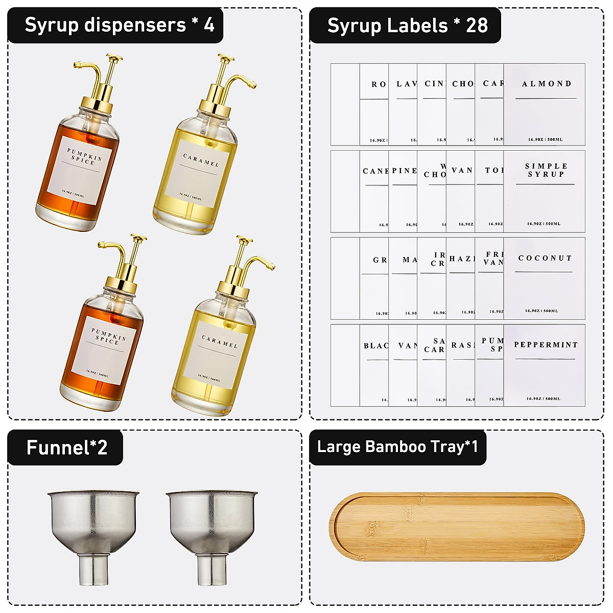 HSIOHE Coffee Syrup Dispenser for Coffee Bar,4 Pack Syrup Dispenser 16.9 oz 500 ml, Glass Syrup Bottle with Gold Upgraded Pump, Coffee Syrup Pump Dispenser, 28 Labels and Large Bamboo Tray
