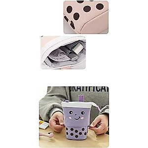 Cute Pencil Case Kawaii Standing Pen Holder Bubble Tea Boba Milktea Pop Up Back to School Supplies Stationery Organizer Bag with Smile Face Cosmetics Pouch Makeup Bag for Kids Students Teens (Pink)