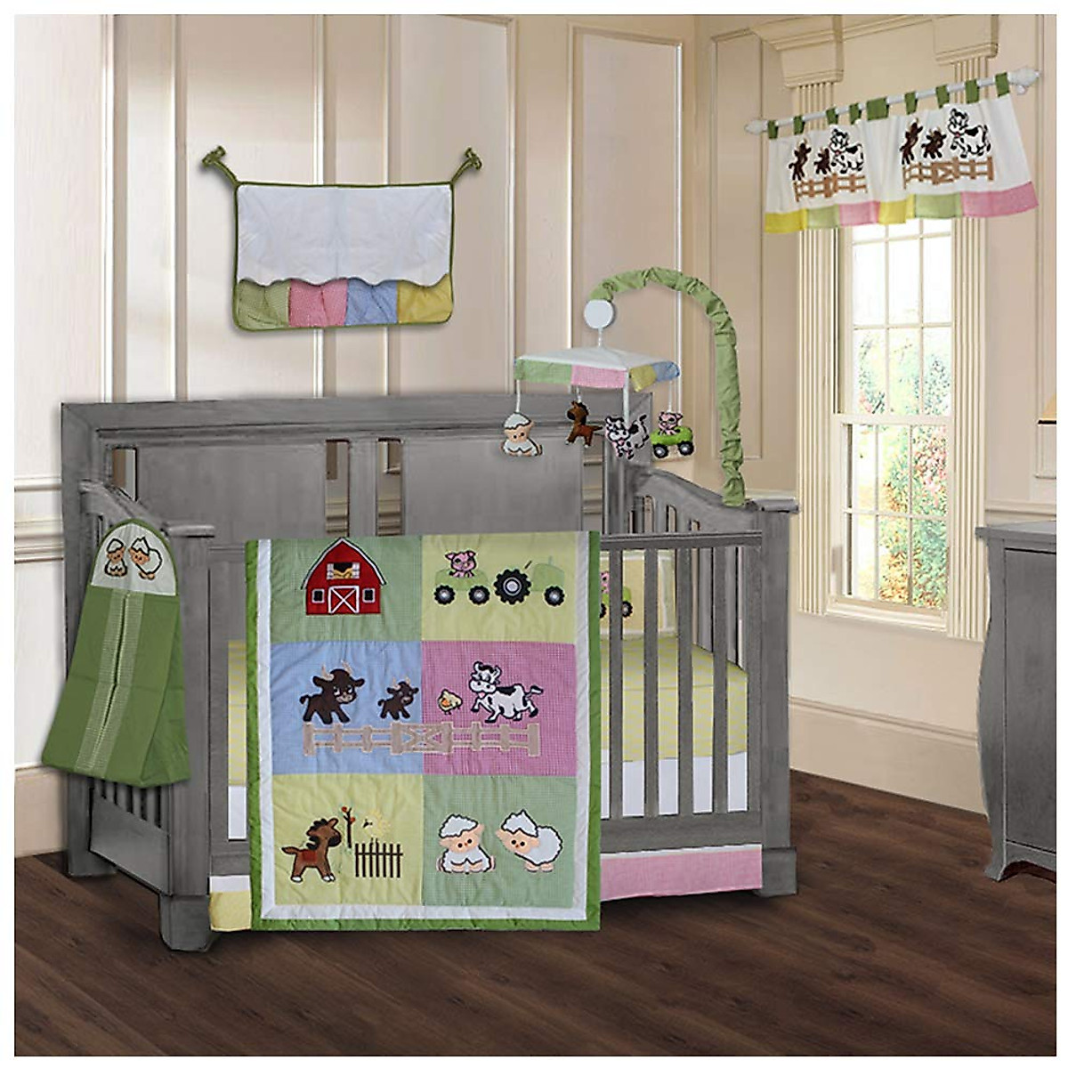 BabyFad Barnyard Farm Animals Nursery Baby with Musical Mobiile 9 Piece Baby Crib Bedding Set 100% Cotton