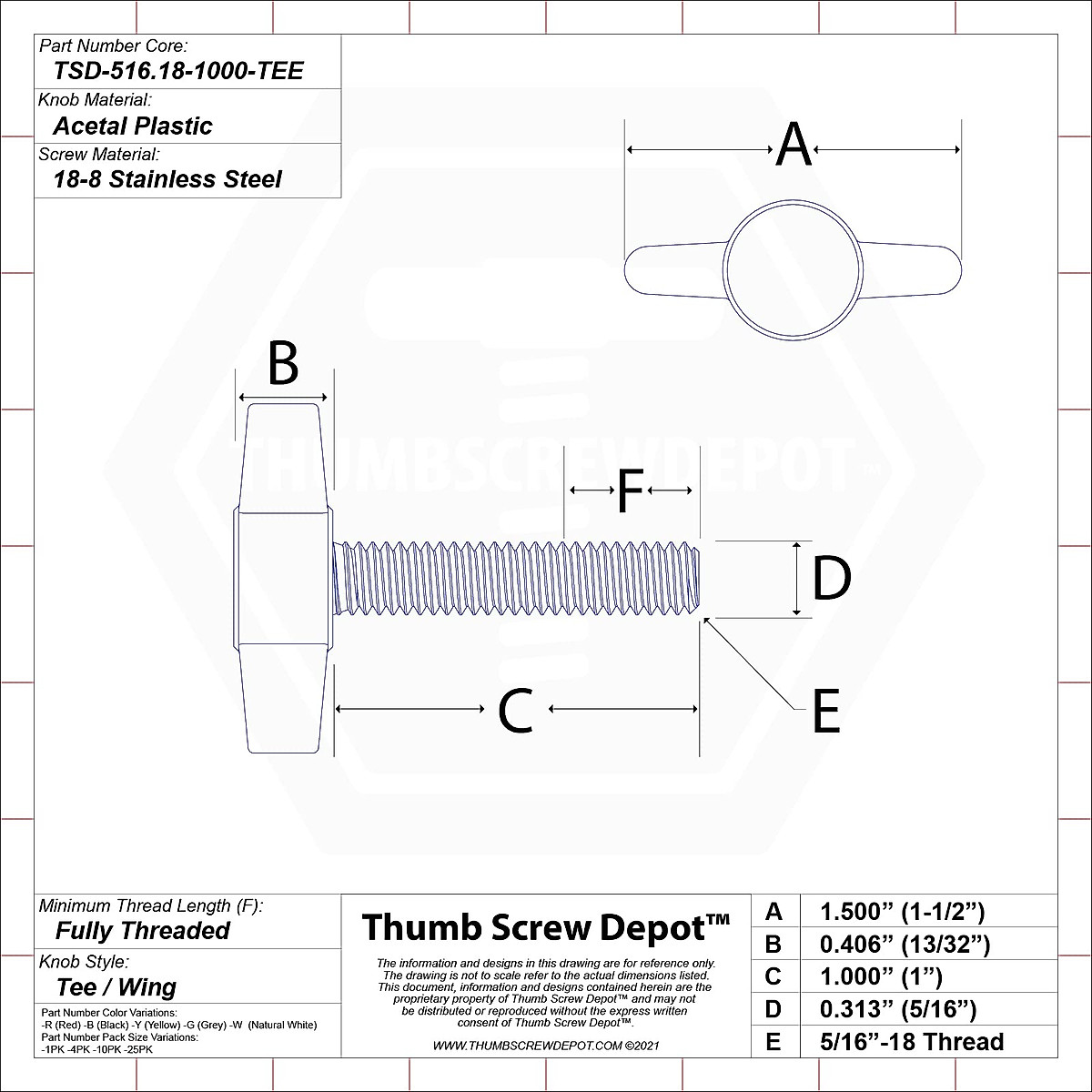 5/16"-18 x 1 Thumb Screw Stainless Steel - Black Tee Wing Plastic Knob - Standard/Coarse Thread Thumbscrew - Length: 1.000" - Proudly Built in USA - Package of (10)