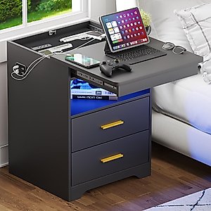 JDPAG LED Nightstand with Lockable Gun Drawer,End Table with Charging Station,Bedside Table with 3 Color Dimmable LED Light via Touch Screen,Night Stand with USB&Type-C Ports and 2 Drawers