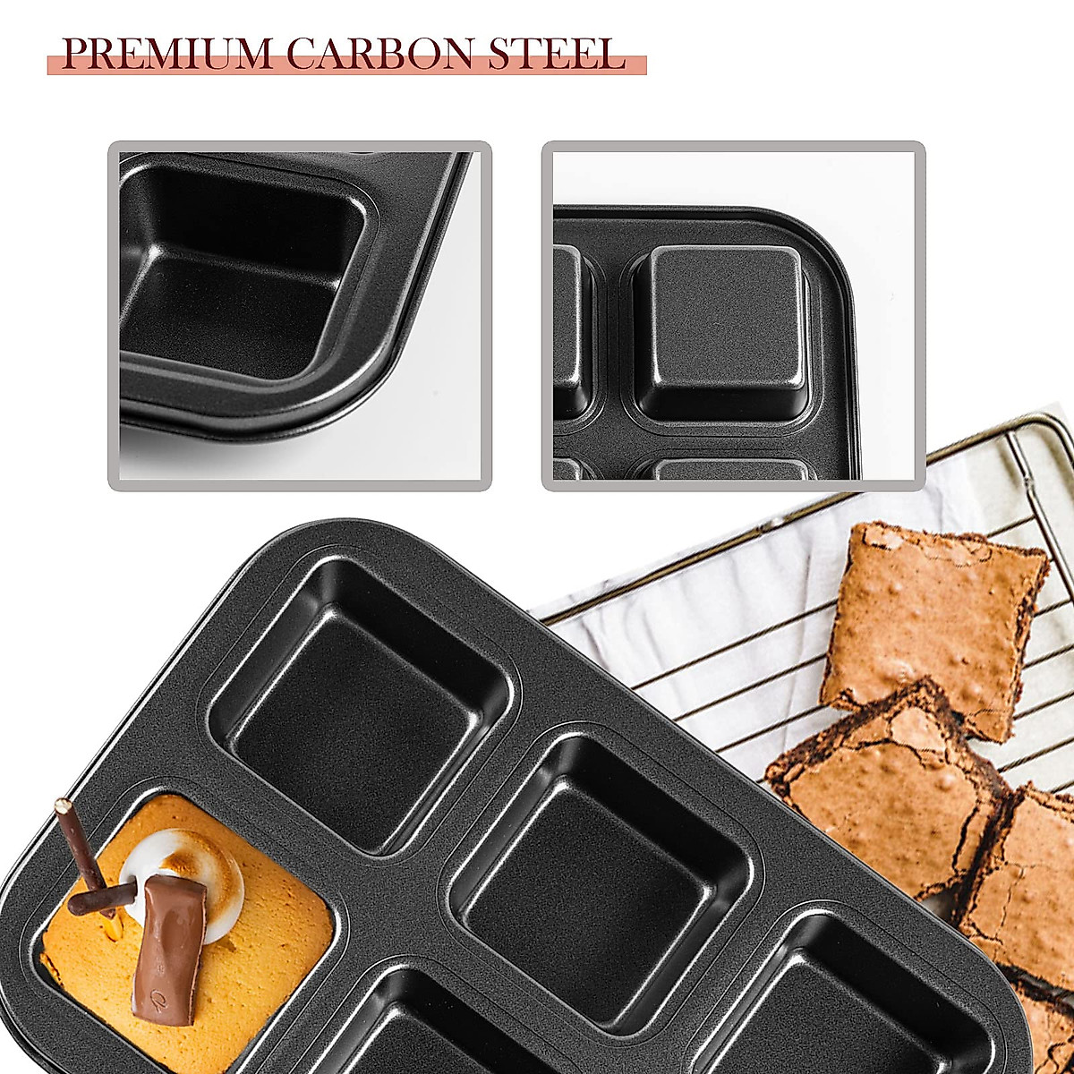 Yomvzake Brownie Pan, Black Mini Square Muffin Pan Nonstick 6-Cavity Small Cupcake Pan Individual Brownie Mold for Baking Brownie Muffin Cupcake Keto Fat Bombs, Great for Halloween, Christmas