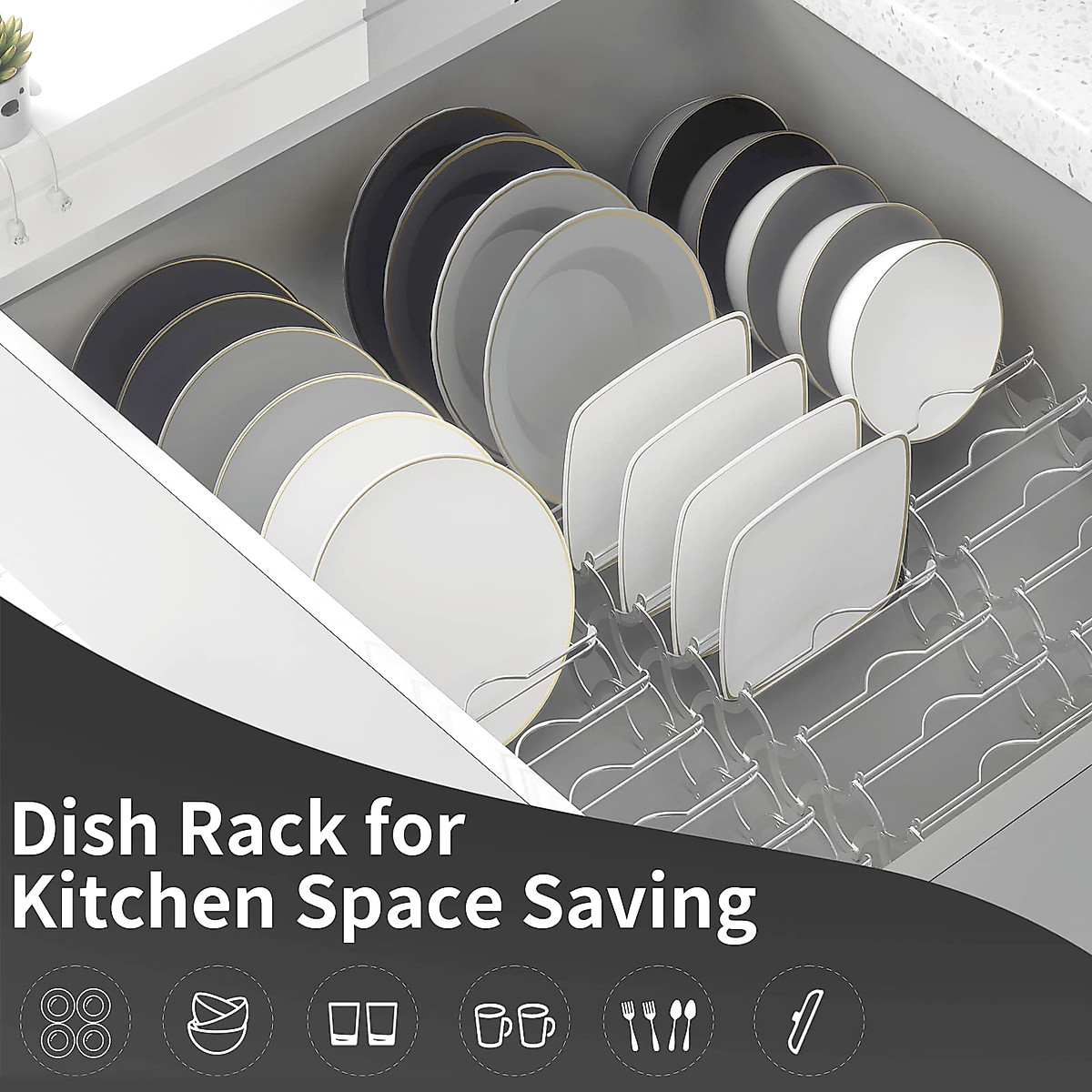 YYP Small Dish Drying Rack Expandable Dish Drying Rack Over The Sink, Plate Organizer for Cabinet or Countertop, Premium 304 Stainless Steel, Rustproof, for Kitchen, Small Space, RV