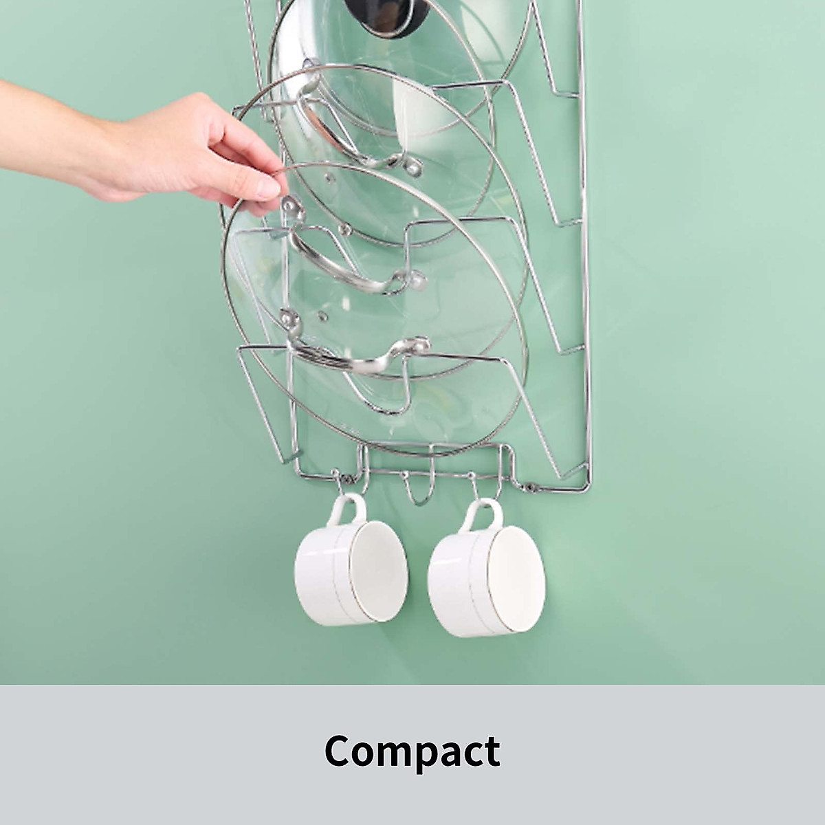 Qflushor Pot Lid Organizer Wall Mount, Kitchen Pot Lid Rack with Hook, Pot Lid Organizer for Cabinet, Pot Lid Holder with Adhesive Hooks, Chrome