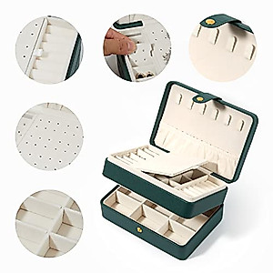 BUTI4WLD Travel Jewelry Organizer, PU Leather Small Jewelry Organizer for Women Girls, 2 Layers Portable Travel Jewelry Case for Stud Earrings, Rings, Necklaces, Bracelets (Green+Small)