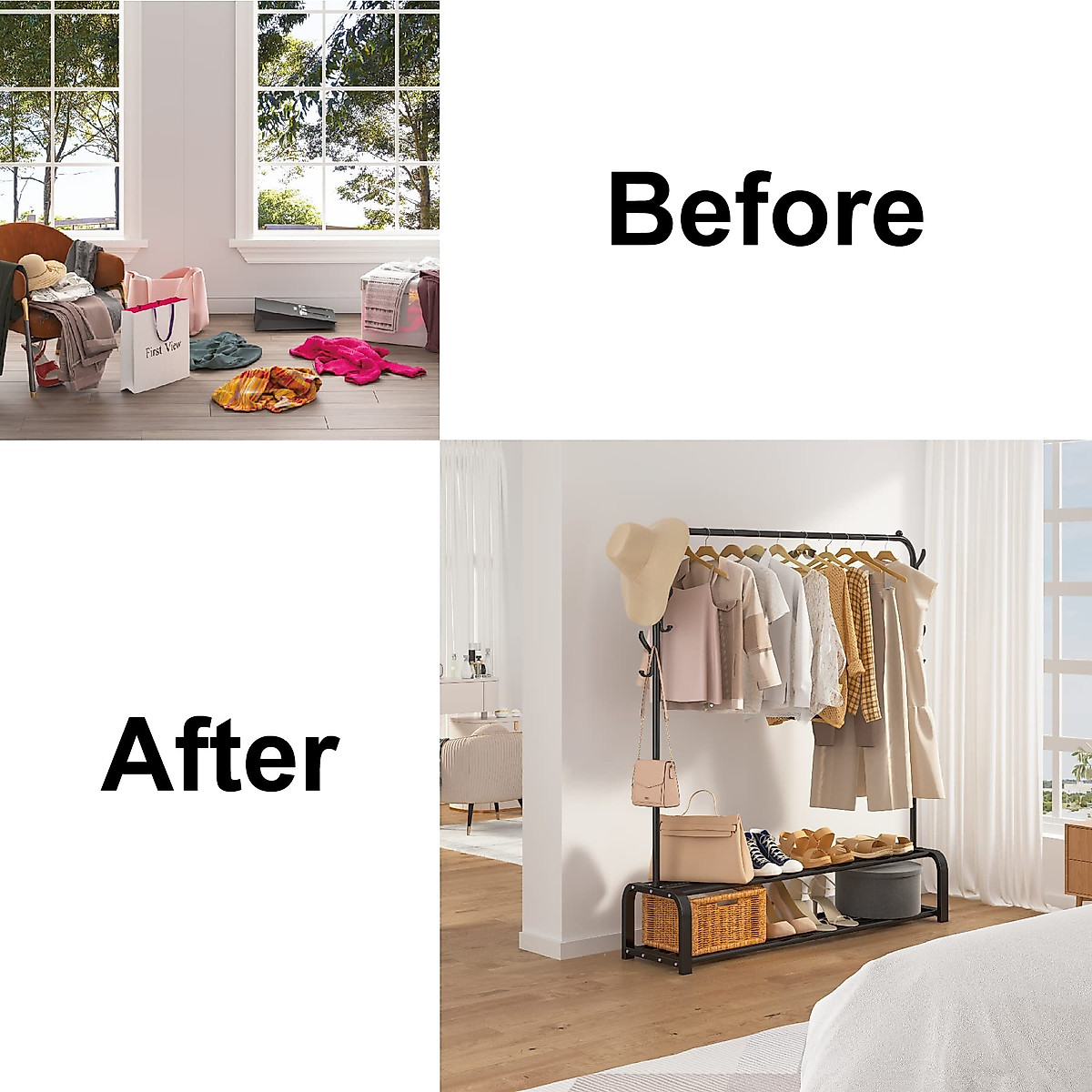 UDEAR Garment Rack Free-standing Clothes Rack with Top Rod,Lower Storage and 6 Hooks,Black