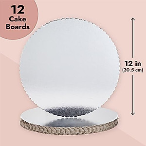 12-Pack Cake Boards 12 Inch, Elegant Round Scalloped Boards for Bakeries, Baking Desserts, Cake Decorating, Sturdy Cardboard Material, Disposable (Silver, 12x12x0.08 in)