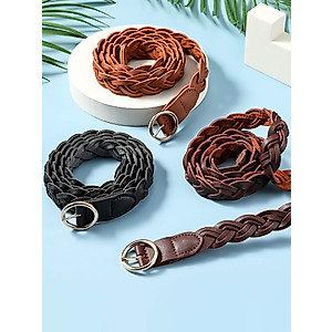 SATINIOR 3 Pcs Women's Braided Leather Belt Skinny Woven Braided Belt O Ring Buckle Leather Belt for Dress Jean Skirt Pant (Black, Brown, Light Brown)
