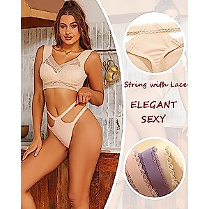 FINETOO Seamless Thongs for Women High Waisted Underwear G String Sexy Tangas Invisible Panties Lace Trim No Show 6 Pack S-XL