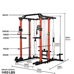 HAUSHECK Squat Rαck with Pull Up Bar, LAT Pulldown, Weight Cαge, Cable Crossover, J-Hooks, Dip Handles, 1400lbs Power Cage with Training Attachment, Multi-Functional Powēr Racks for Home Gym, Orange A