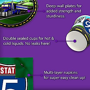 Semi Truck (Tractor Trailer) Birthday Party Supplies Set Plates Napkins Cups Tableware Kit for 16