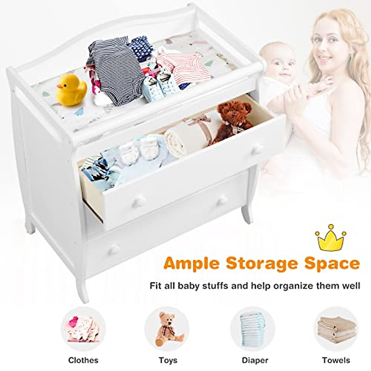 Costzon 3-Drawer Changing Table, Infant Diaper Changing Station with Drawers, Safety Rails & Strap, Baby Changing Table Dresser for Nursery, Easy Assembly (White)
