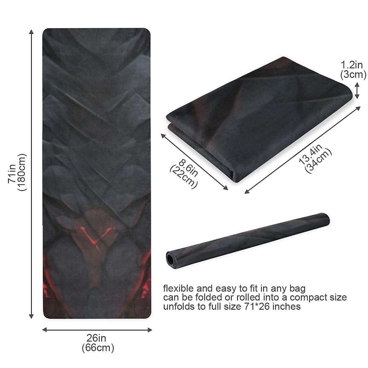 GOODOLD Black Dragon Eyes Yoga Mat, 71 x 26 Inch Non-slip Yoga Mats Folding Travel Exercise Mat Indoor Outdoor Gym Pilates with Storage Bag for Women Men