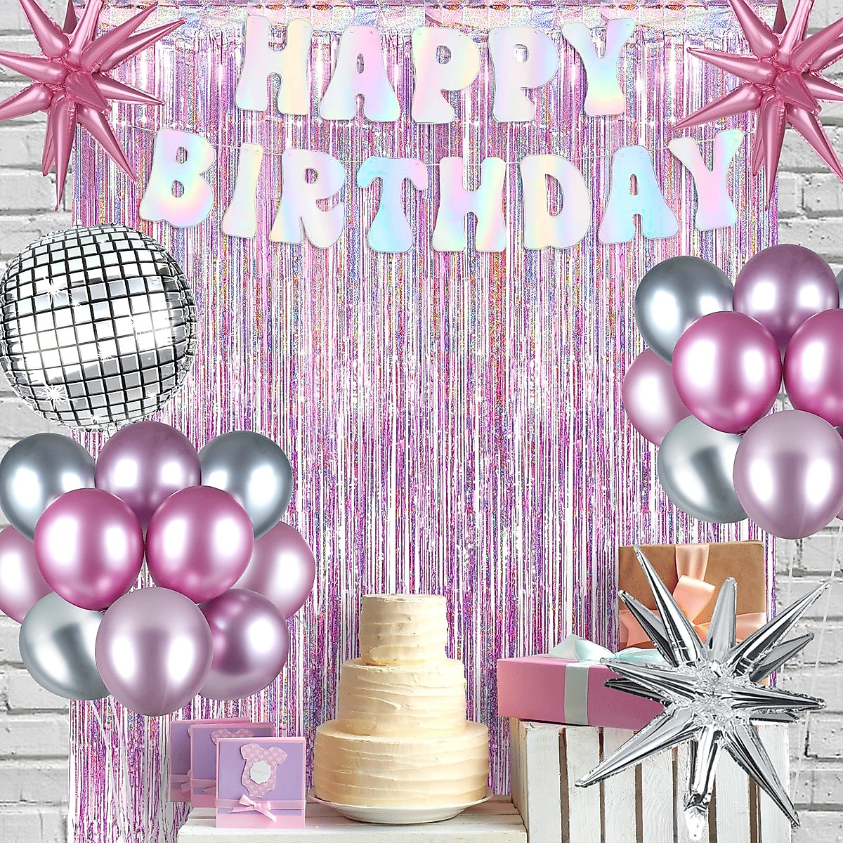 Iridescent Party Decorations Set Pink Disco Holographic Birthday Party Decors Shiny Foil Fringe Curtain Iridescent Banner Balloons for Engagement Wedding Bachelorette Bridal Shower Girl Party Supplies