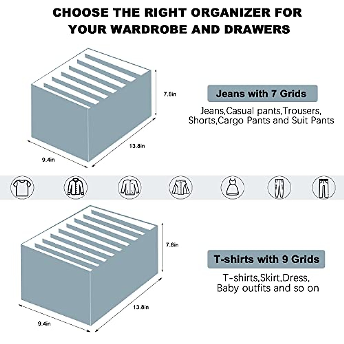 Wardrobe Clothes Organizer for Folded Clothes,Drawer Organizers for Clothing Foldable with Thickened Fabrics,Closet Storage With 9+9 Compartment Closet Organizer for Jeans Pants Bedroom Grey