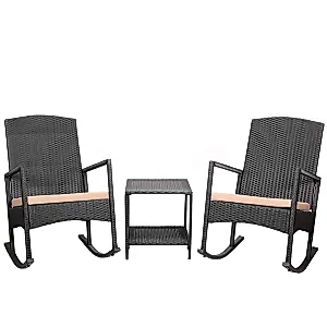Barton 3 Pieces High Back Rocking Chair Set w/Glass Table Black Outdoor Patio Furniture Wicker Rattan Modern Conversation Chat Seating