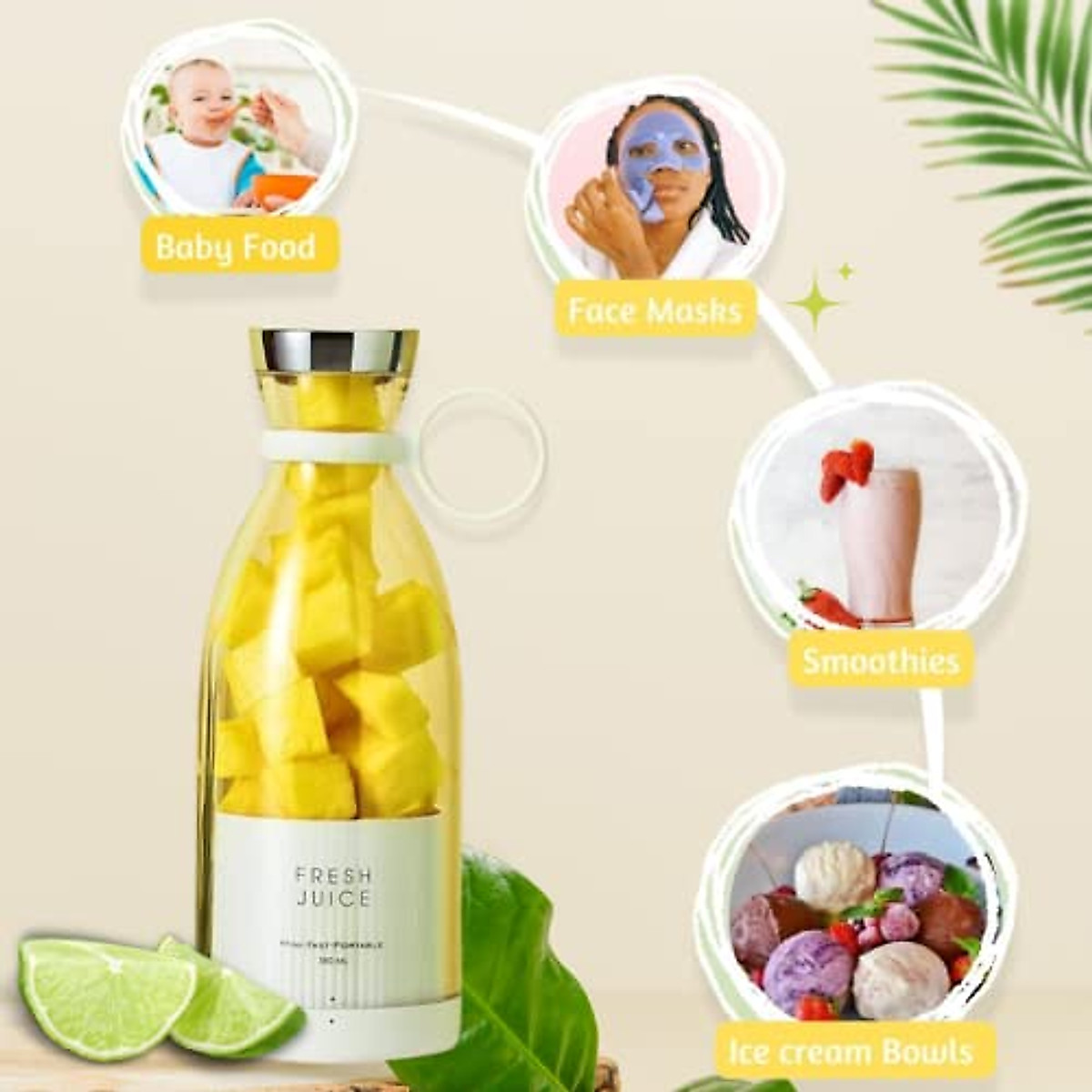 Mini Personal Size Blender, Portable Blender Bottle, Mini Rechargeable Blender, USB Charged Blender, 3 Reusable Aluminium Straw, 1 Straw Cleaner, 1 Straw Carrying Bag, White