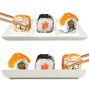 Needzo White Rectangle Dinnerware Platter, 8 Inch, 3 Compartment Ceramic Long Sushi Plate, Serving Tray for Dinner, Appetizers, and Dipping Sauces