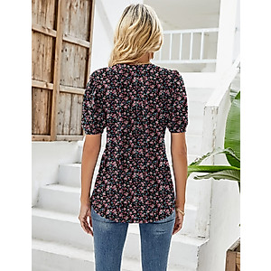 Micoson Womens Summer Pleated Blouses Loose V Neck Puff Short Sleeve Tunic Top for Leggings Floral Black Red L