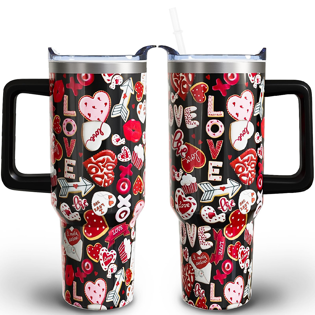 owbgsdh 40 oz Heart Tumblers with Handle and Straw, Heart 40oz Stainless Steel Vacuum Insulated Travel Coffee Mug Cup Water Bottle, Stuff Accessories Gifts for Women