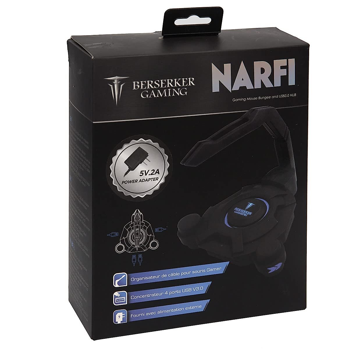 Narfi Gaming Mouse Bungee Stand - Blue LED - 4 Port USB 3.0 Hub with Active Power - AC 5V Power Adapter Is Included - PC; Mac; Linux